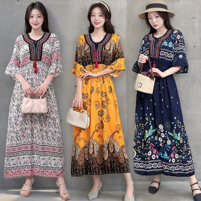 long dress women maxi vestidos boho beach东南亚风棉绸碎花