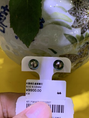 无暇，油绿 8.5，8.53mm大溪地孔雀绿如钉 18k针镶嵌