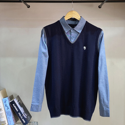 男士经典假两件长袖针织衫衬衫