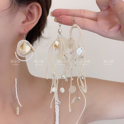 长款贝壳流苏耳钩女夏度假耳环