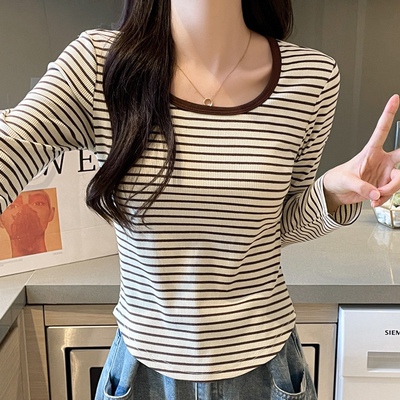 百搭休闲纯棉螺纹长袖U领打底衫撞色条纹T恤上衣网红2023秋装新款