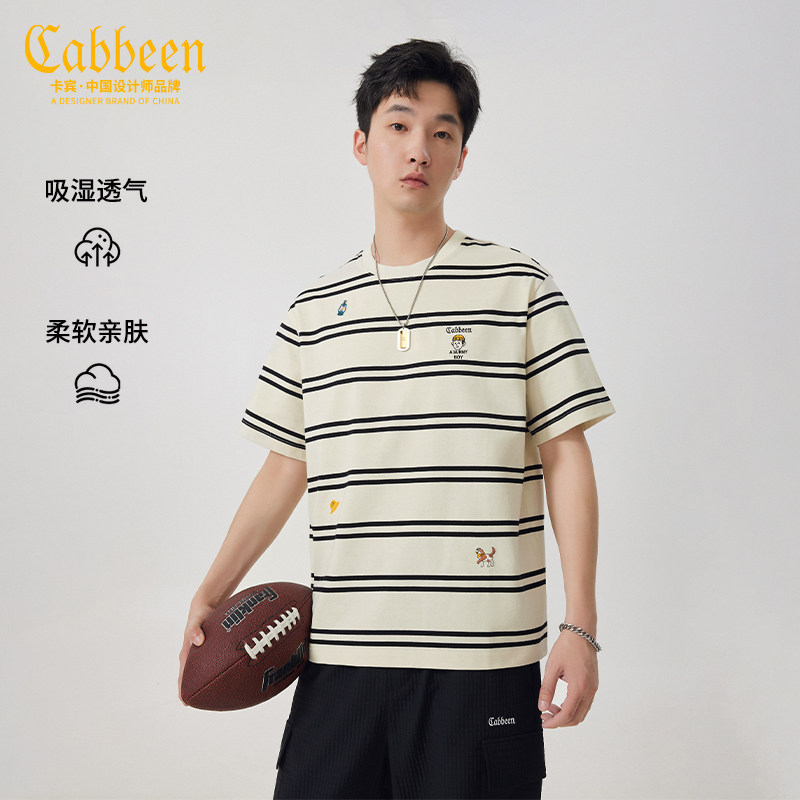 卡宾条纹刺绣短袖T恤男装夏季宽松透气潮牌圆领上衣休闲时尚潮流