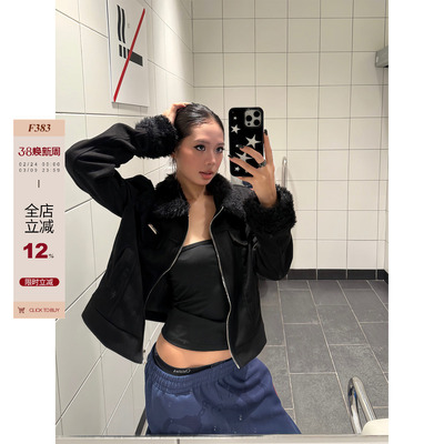 F383短款毛领拉链外套