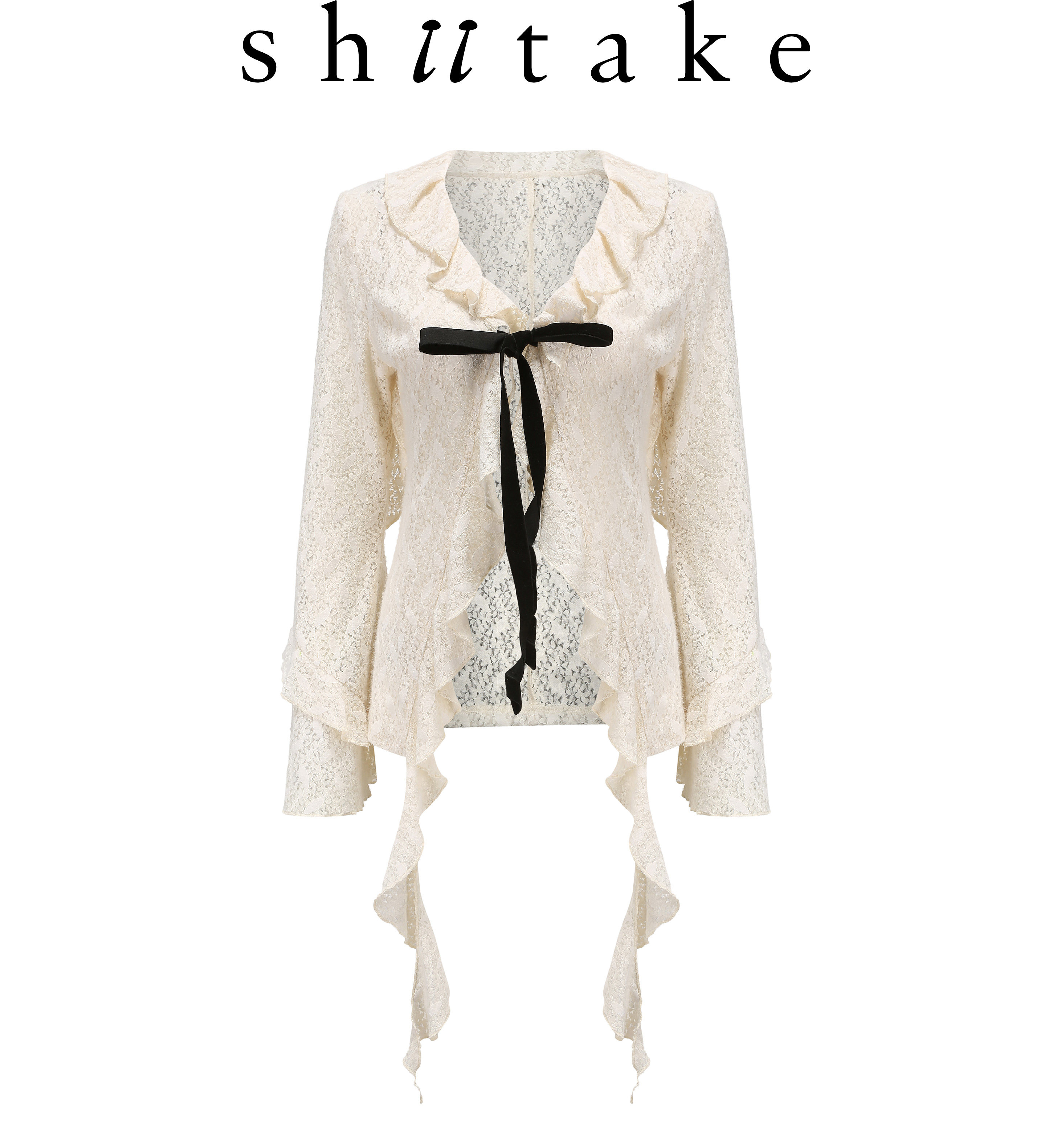 Shiitake【孟子义同款】打破沉闷深V荷叶边蝴蝶结喇叭袖叠穿上衣