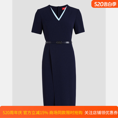 【醋纤】皮尔卡丹夏新款蓝色短袖收腰V领显瘦连衣裙P3205D3118L2