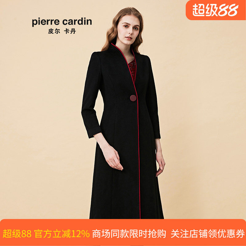 商场同款皮尔卡丹女装大衣黑色立领高级感羊绒呢子大衣外套