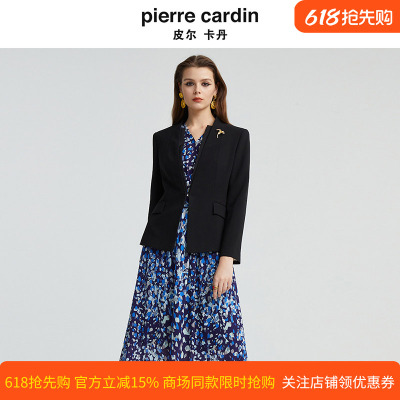 皮尔卡丹女装秋季新款纯黑色无领醋纤行政商务女西服P4332U4970B0