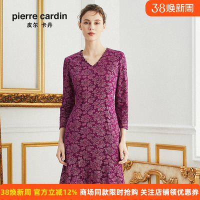 皮尔卡丹女装春季V领长袖连衣裙