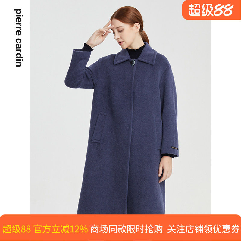 商场同款皮尔卡丹女装大衣长款翻领秋冬保暖通勤羊毛呢外套