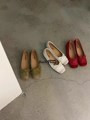 zachpeng法式复古浅口红色小单鞋芭蕾舞鞋蝴蝶结方头平底奶奶鞋