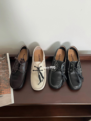 zachpeng乐福鞋女2025平底系带圆头英伦风复古踩后跟一脚蹬小皮鞋