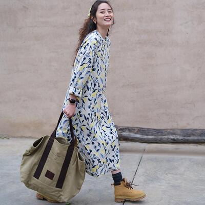 远家天丝亚麻蓝色印花加绒袍子