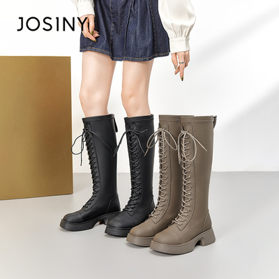 卓诗尼女靴新款粗跟绑带长筒靴英伦风骑士靴马丁靴显瘦小个子长靴