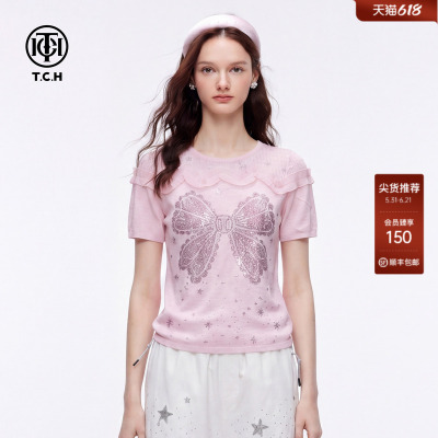TCH甜妹风蝴蝶结烫钻针织短袖