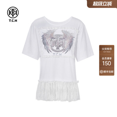 TCH烫钻春夏蕾丝拼接洋气百搭气质短袖T恤女T75C10B1019
