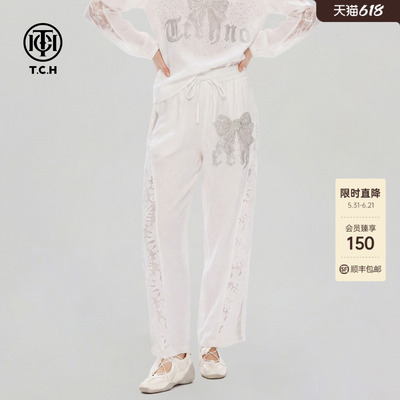 TCH潮牌亚麻烫钻镂空休闲裤女