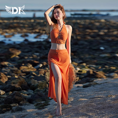 DK泳衣女2025新款长裙高级性感分体三件套温泉度假时尚高腰比基尼