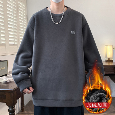 法兰绒圆领加绒加厚卫衣秋冬季一体绒保暖长袖T恤男 7271-P42元