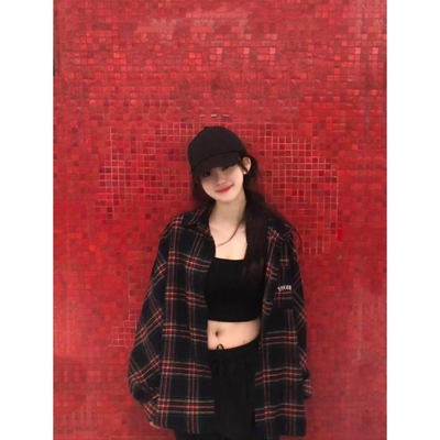 BGCC美式复古酒红色格子长袖衬衫男秋季潮牌宽松情侣休闲衬衣外套