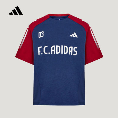 adidas阿迪达斯男大童足球风三条纹半袖T恤宽松短袖上衣 LD7355