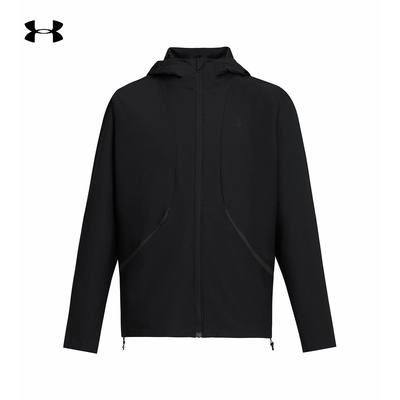 安德玛UA梭织防风衣2026新款男士运动服连帽夹克黑色外套6014621