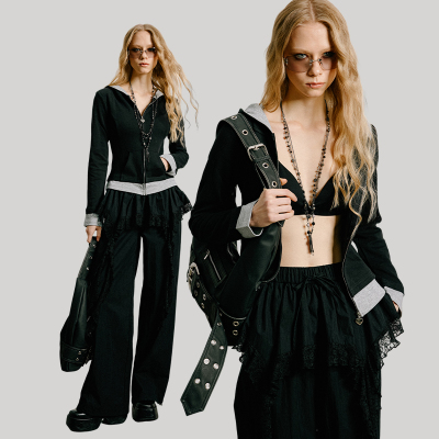 uss新款时髦撞色设计感百搭拼接针织修身上衣显瘦连帽开衫外套