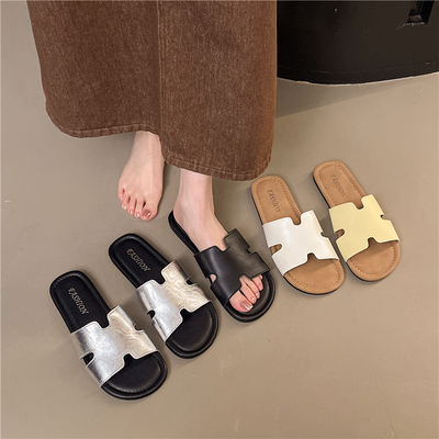大码女鞋41一43胖脚宽肥平底露趾一字拖鞋女外穿休闲度假沙滩凉拖