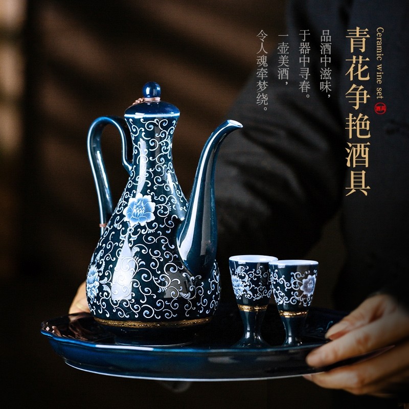 景德镇陶瓷器仿古白酒酒具霁蓝套装家用酒壶白酒杯子套件礼品