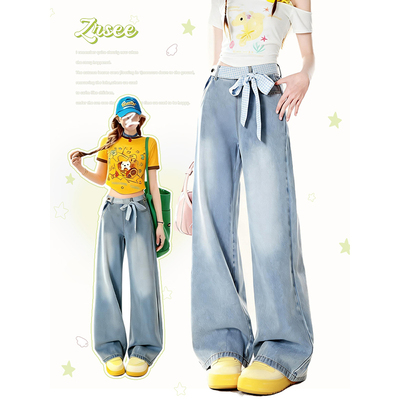 原创复古侧拉链显瘦蝴蝶结牛仔裤