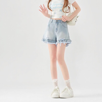 【4/8 20:00限时88折】美式复古撞色格纹荷叶边牛仔短裤女夏新款