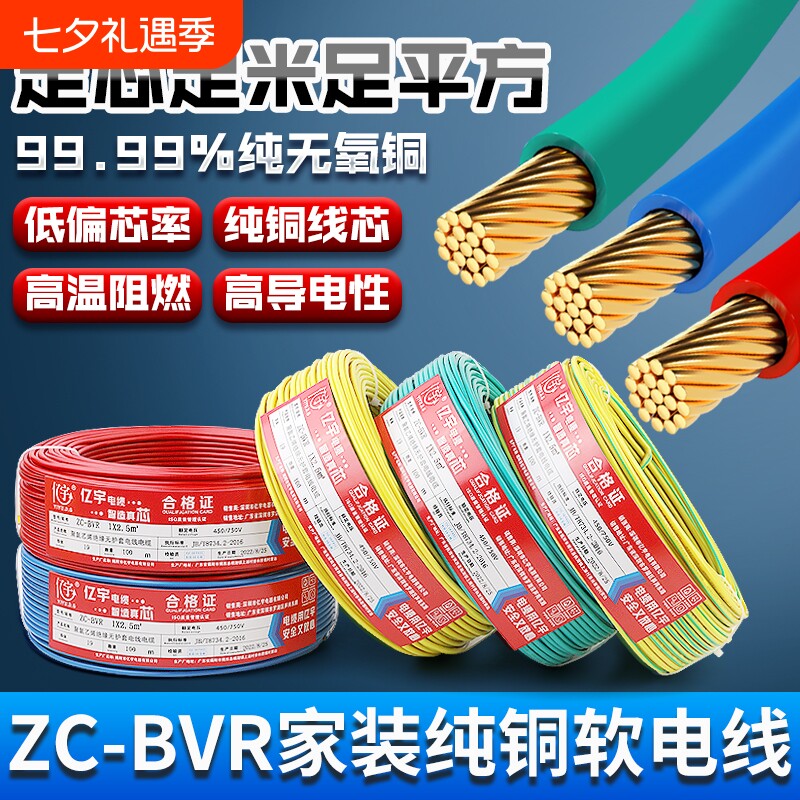 国标BV/BVR家装铜芯电线1/1.5/2.5/4/6 平方家用电缆线单芯散剪线