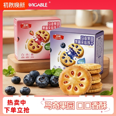 Navigable/正航马奇果园草莓蓝莓口味果酱夹心饼干寝室零食