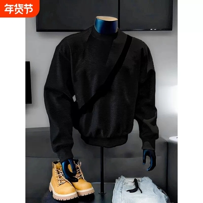 美式重磅短宽卫衣男款春秋小领口无帽cleanfit潮牌长袖T恤打底衫