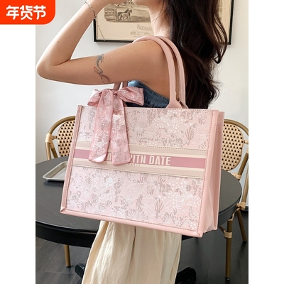 伊布古奇大容量刺绣托特包包女小众手提包单肩斜挎包大包粉色可放