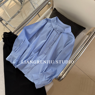 JJY正品。梭织棉条纹不规则欧式长袖气质通勤翻领衬衫2658A