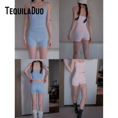 TD早秋吊带蕾丝边带胸垫翻折褶皱腰头设计遮小腹短裤可爱纯欲套装