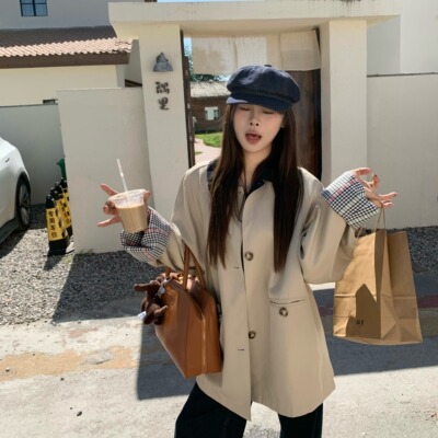 宅宅athome//温蒂日记 韩系复古撞色翻领风衣秋季气质中长款外套