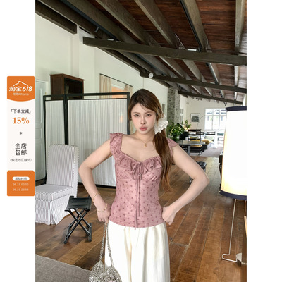 宅宅Athome//瑰丽情书 法式波点印花荷叶边小衫V领抽绳显瘦小上衣