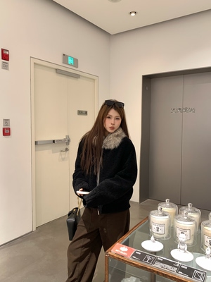 宅宅athome//中古奈奈 加厚毛领仿羊羔毛外套麂皮内里毛毛上衣