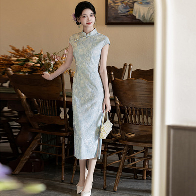 Old Shanghai Blue Long Cheongsam Chinese Dress Qipao蓝旗袍女