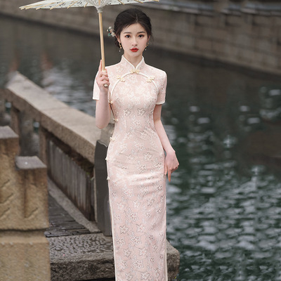 cheongsam chinese traditional qipao dress旗袍粉色蕾丝中式