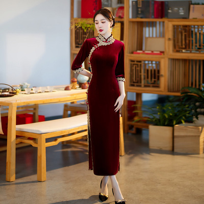 qipao cheongsam women vestidos chinese dresses旗袍红色丝绒