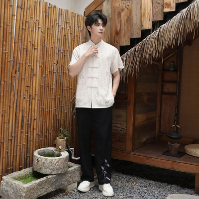 Men's Chinese Cotton Linen Stand Collar Short Sleeve Shirt男