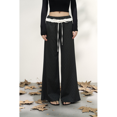 AXIA休闲裤女宽松双腰头系带法式波点垂坠感微喇叭长裤子女秋冬