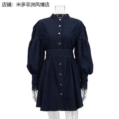 设计感灯笼袖系带气质连衣裙