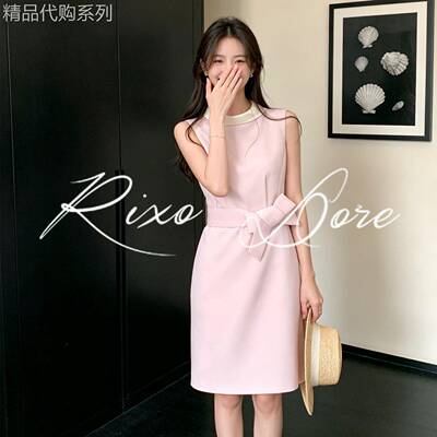RIXO DORE法式小香风撞色领无袖洋装蝴蝶结收腰显瘦通勤背心裙