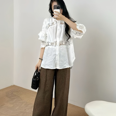 多多夏上新妍色原创法式重工镂空蕾丝拼接刺绣亚麻衬衫3756