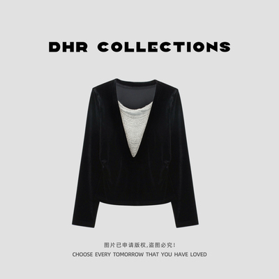 豆豆DA【丝绒上衣】春季新款大V领气质减龄洋气长袖T恤-26CT058