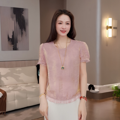 豆豆7【水蜜桃】人丝木耳边无袖背心女显瘦减龄短袖上衣-DX1563