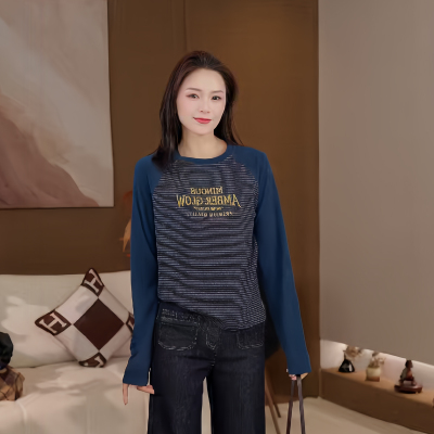 豆豆DA【秋蓝】条纹字母植绒磨毛T恤女秋冬圆领打底衫-26QT93098